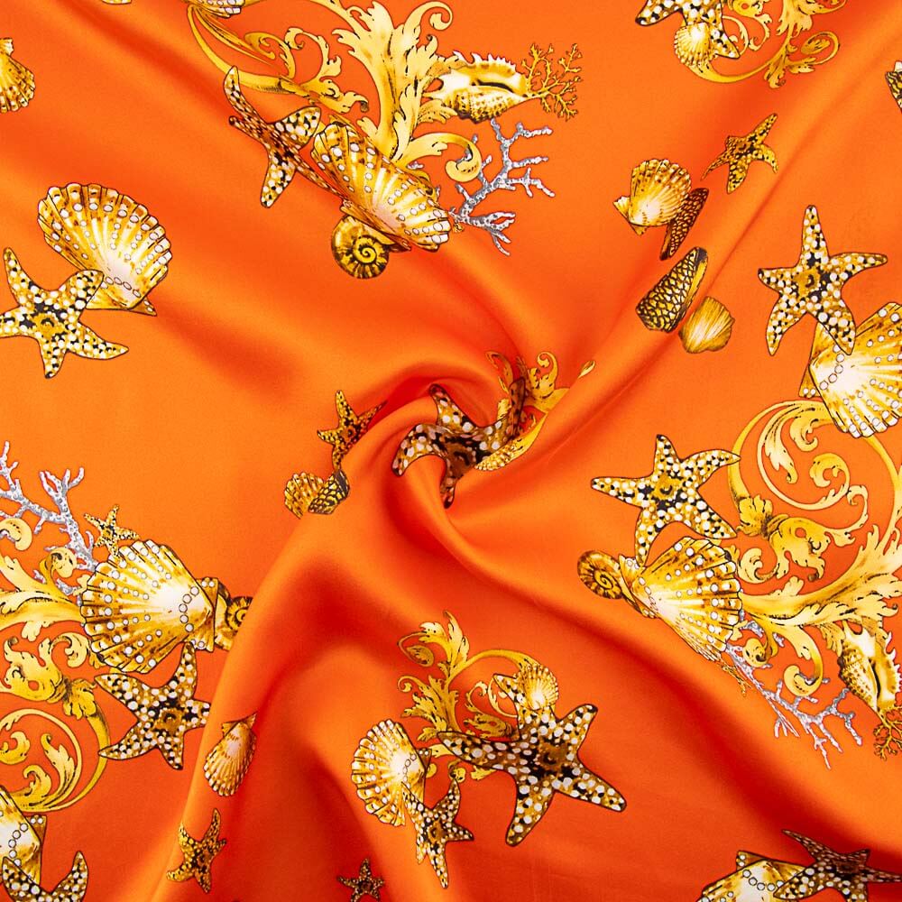 Tela Satén Seda Natural Print Portofino Coral Intenso – Ribes & Casals